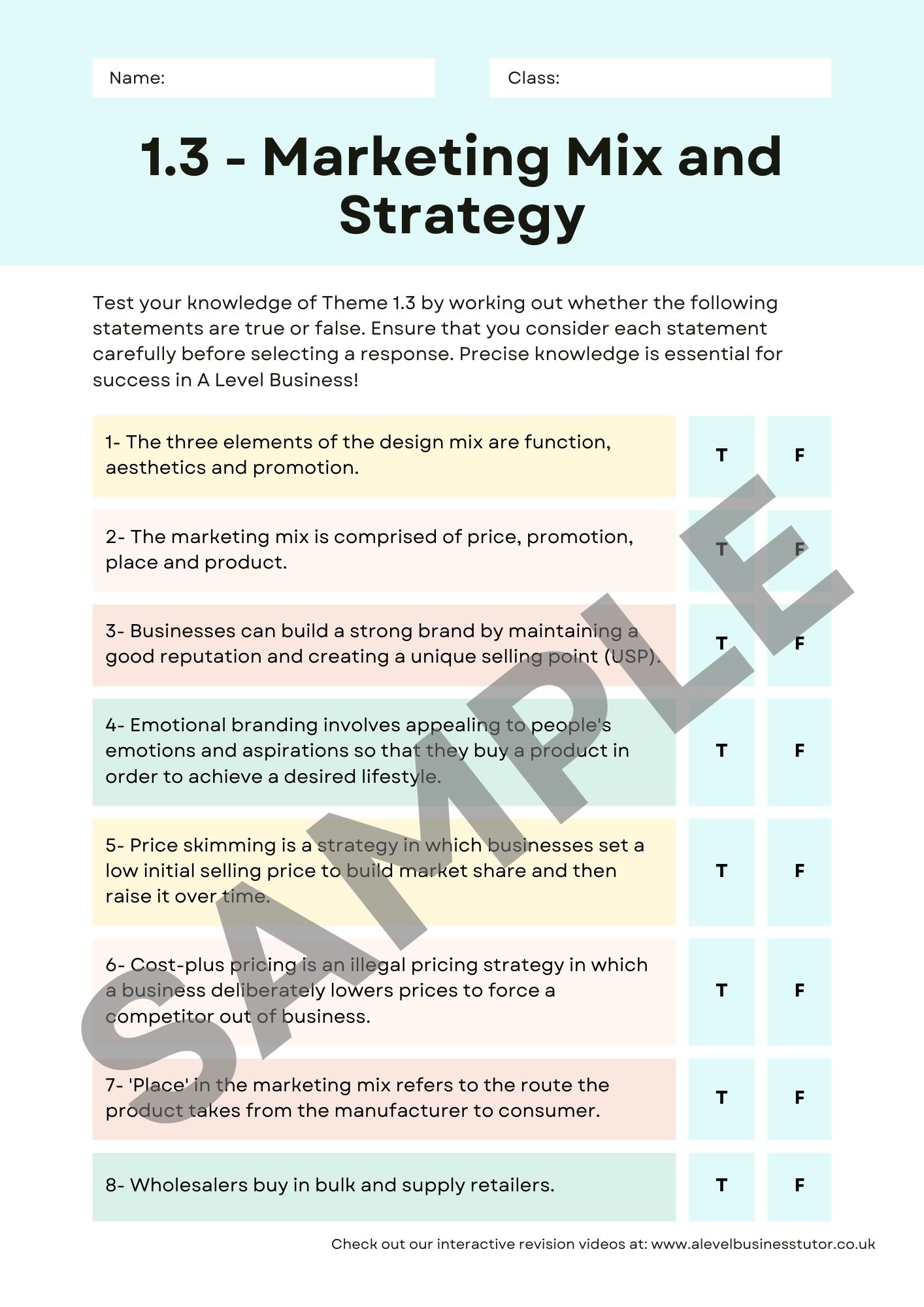 Theme 1.3 Worksheet Sample – A Level Business Tutor