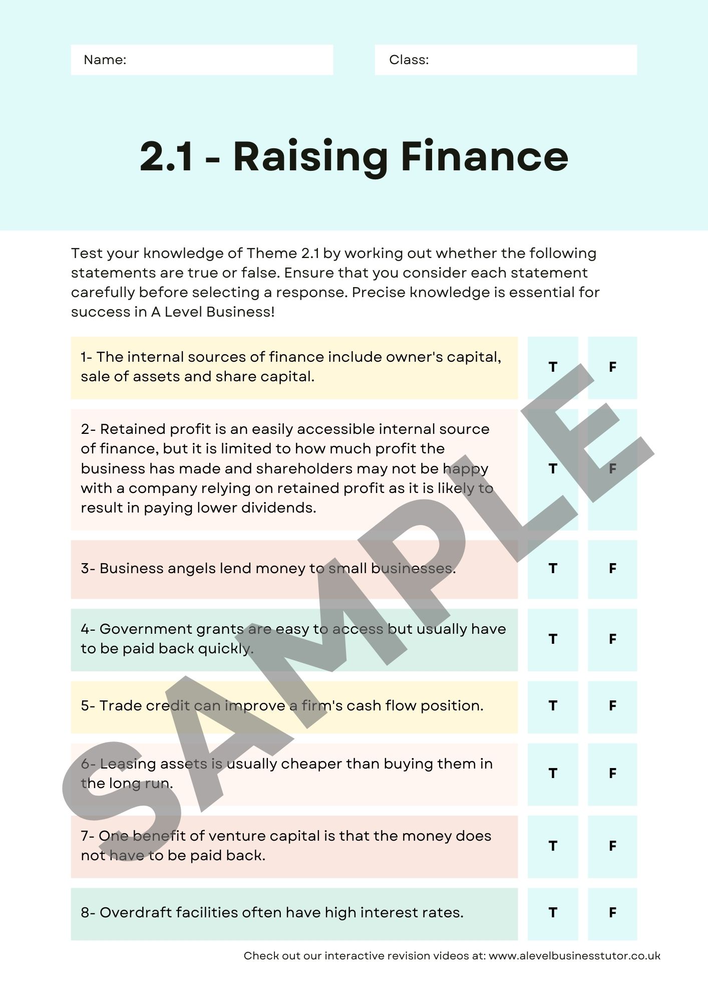 Theme 2.1 Worksheet Sample – A Level Business Tutor